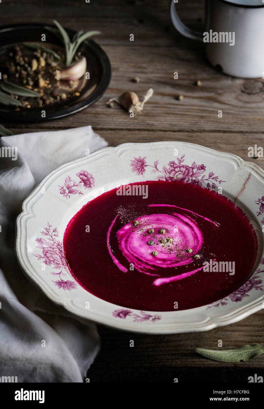 Beetroot cream soup on rustic table Stock Photo - Alamy