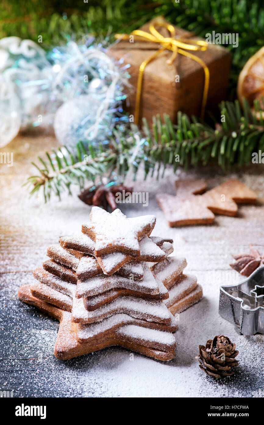 Stack of homemade Christmas shortbread star shape sugar cookies ...