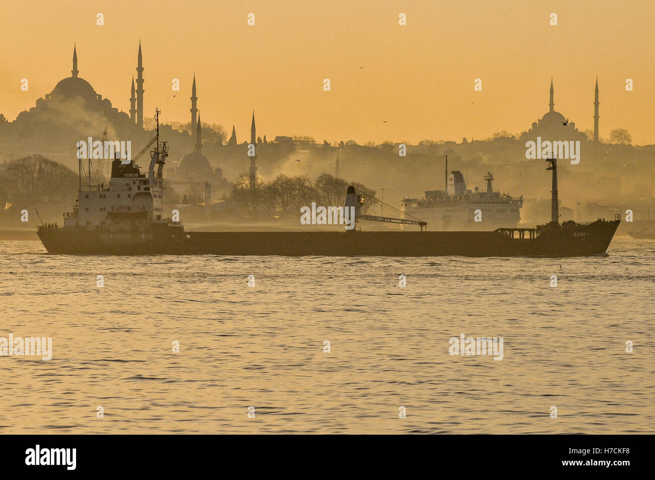 A cargo ship sails past the skyline of the historic quarter of ...