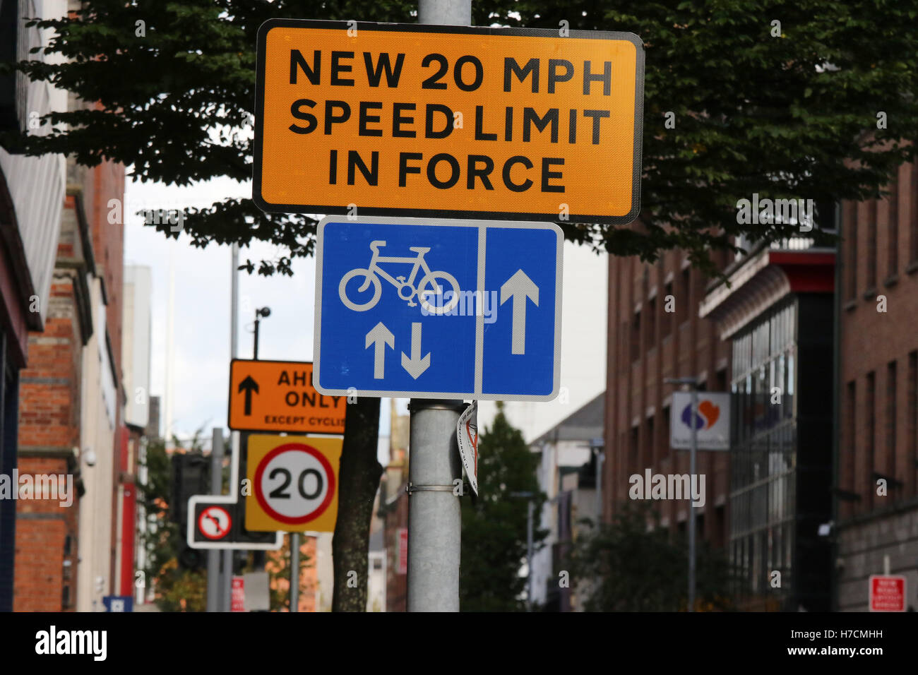 Traffic and cycling signs in Belfast city centre Stock Photo - Alamy