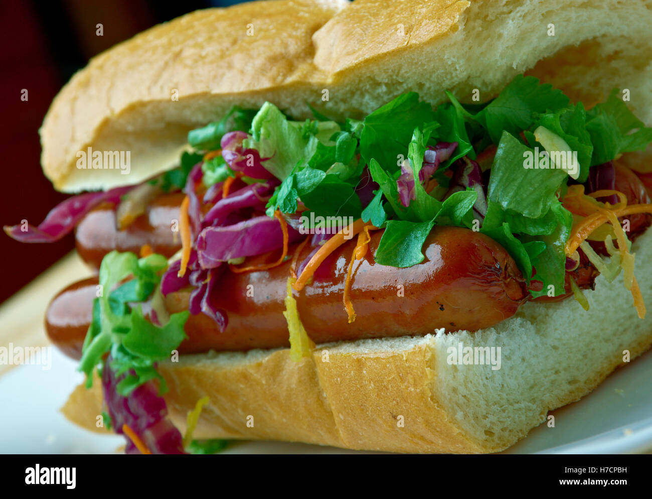 Choripan sandwich with chorizo popular in Argentina, Uruguay, Chile and ...