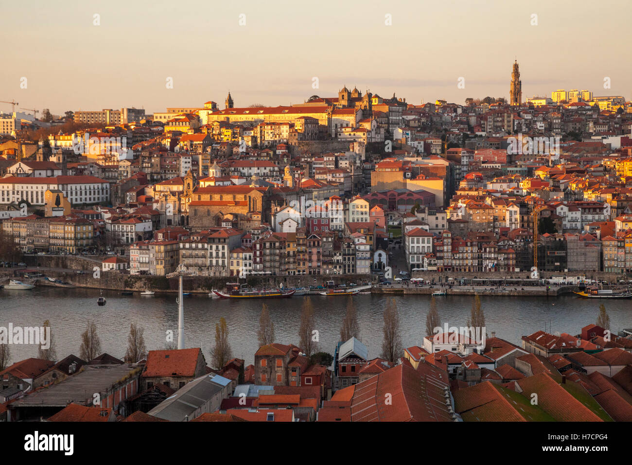 City skyline with Douro river and port wine factories in Porto, an ...