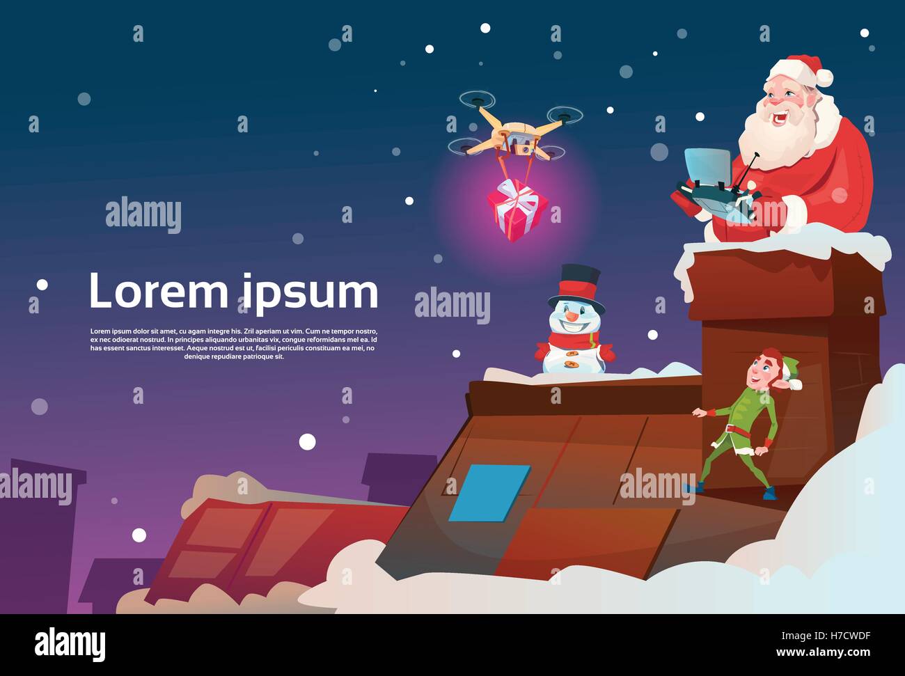 Santa Claus On Roof Hold Remove Controller Drone Delivery Present, New ...