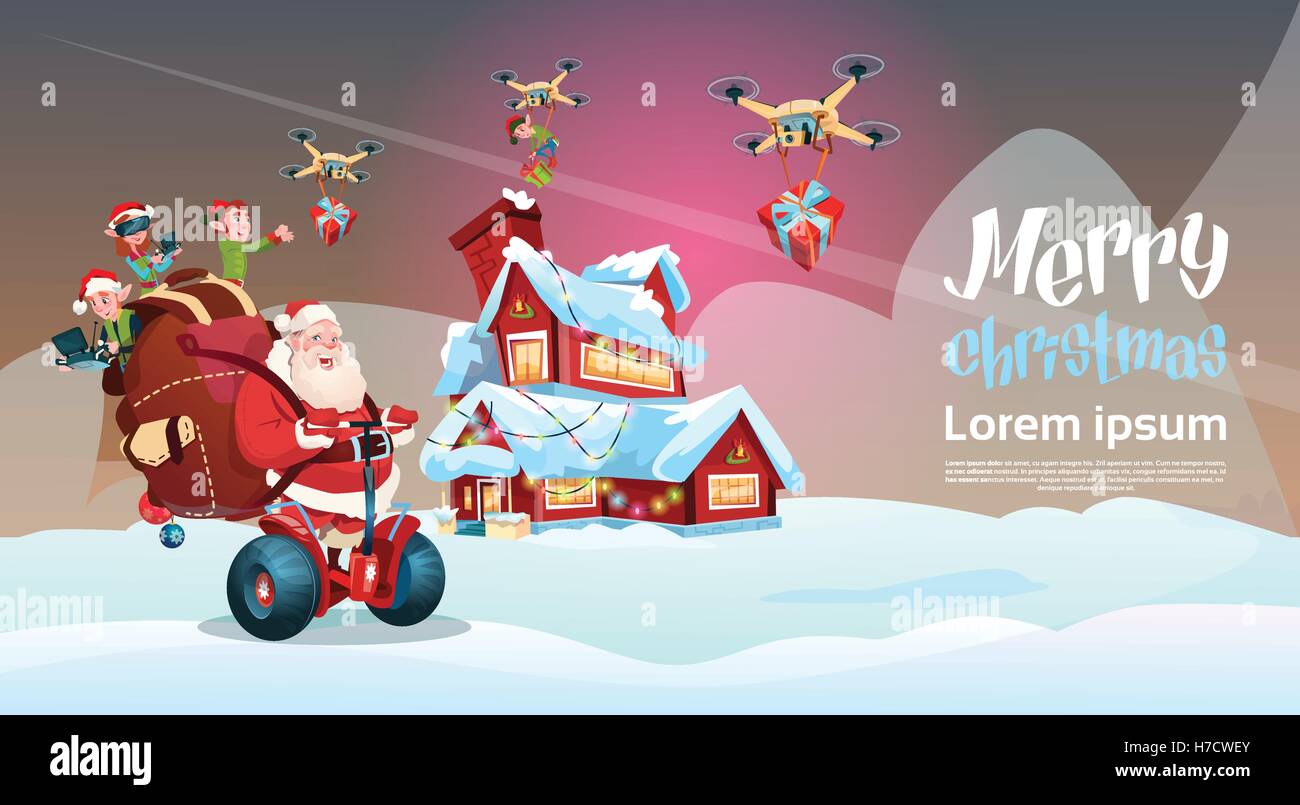 Santa Claus With Sack Ride Electric Segway Scooter, Elf Flying On Drone ...
