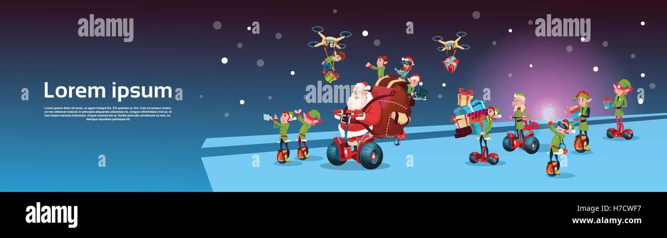 Santa Claus With Sack Ride Electric Segway Scooter, Elf Flying On Drone ...