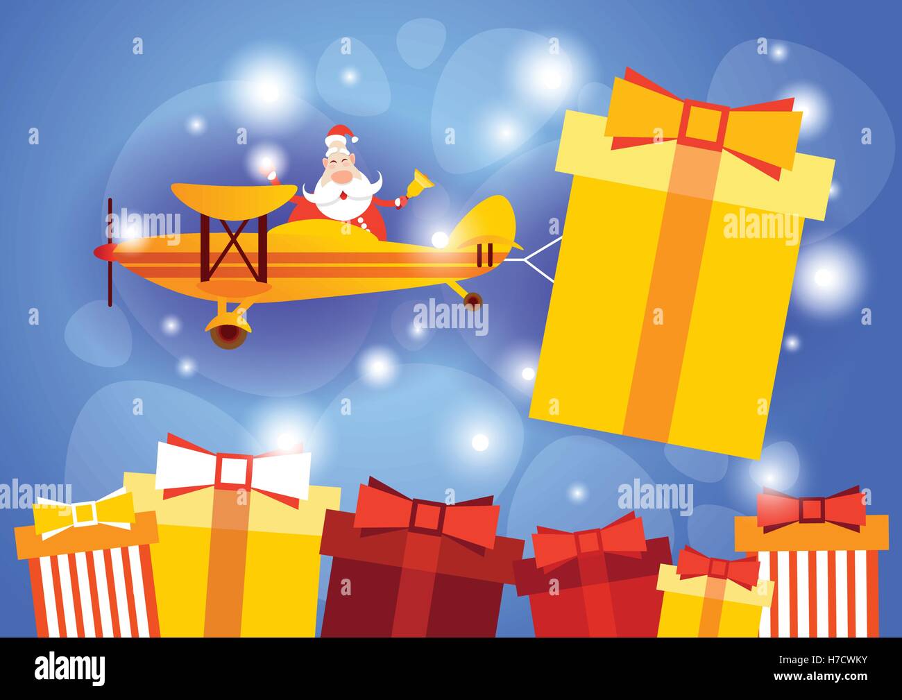 Santa Clause Flying Airplane Carrying Present Box Happy New Year ...