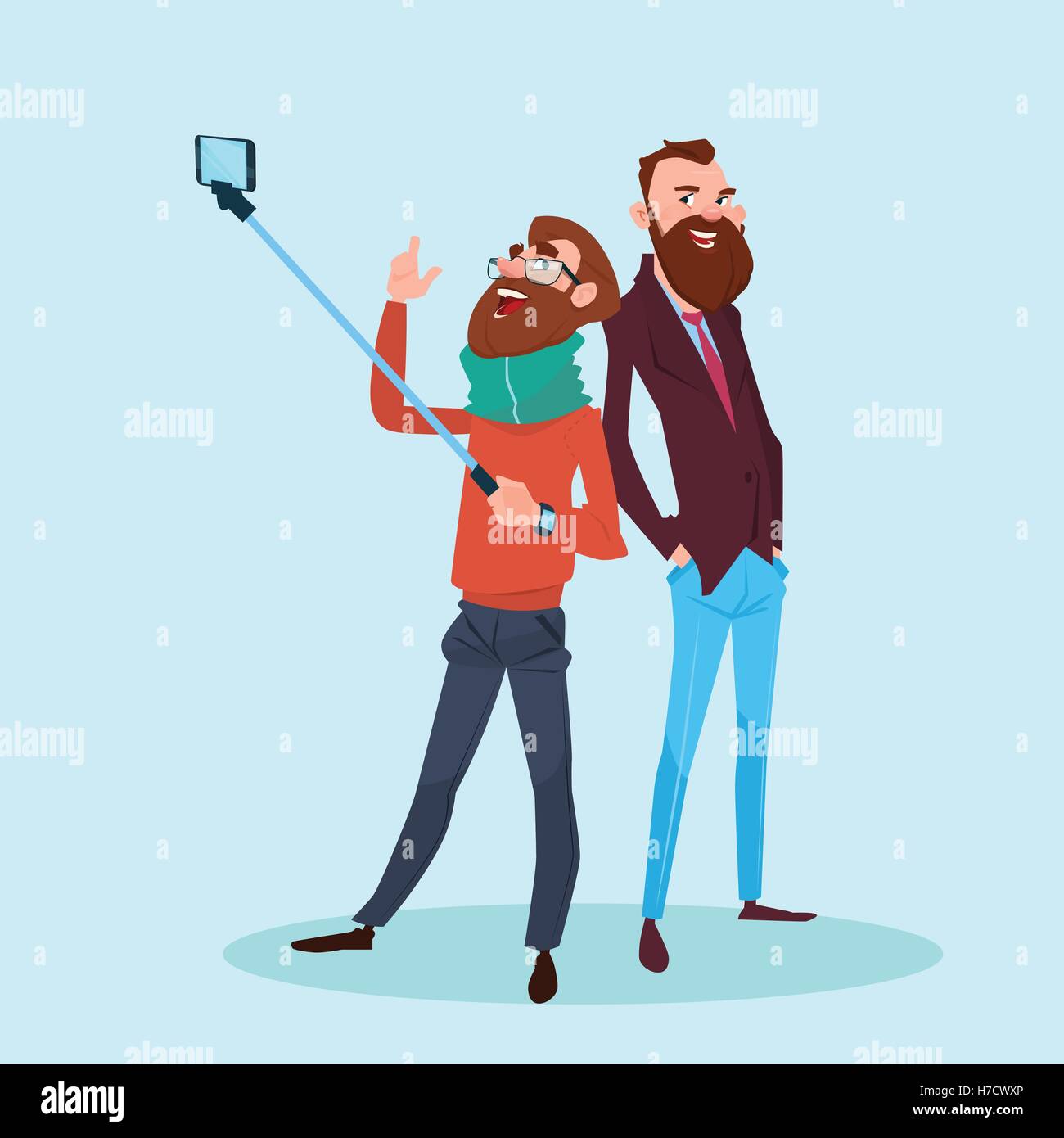 Two Man Taking Selfie Photo On Smart Phone With Stick Flat Vector ...
