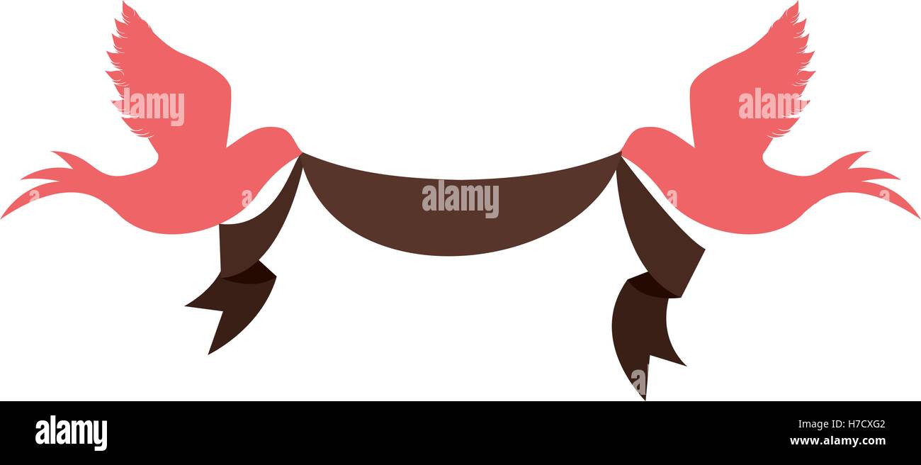 pink doves birds holding a brown ribbon over white background. vector ...