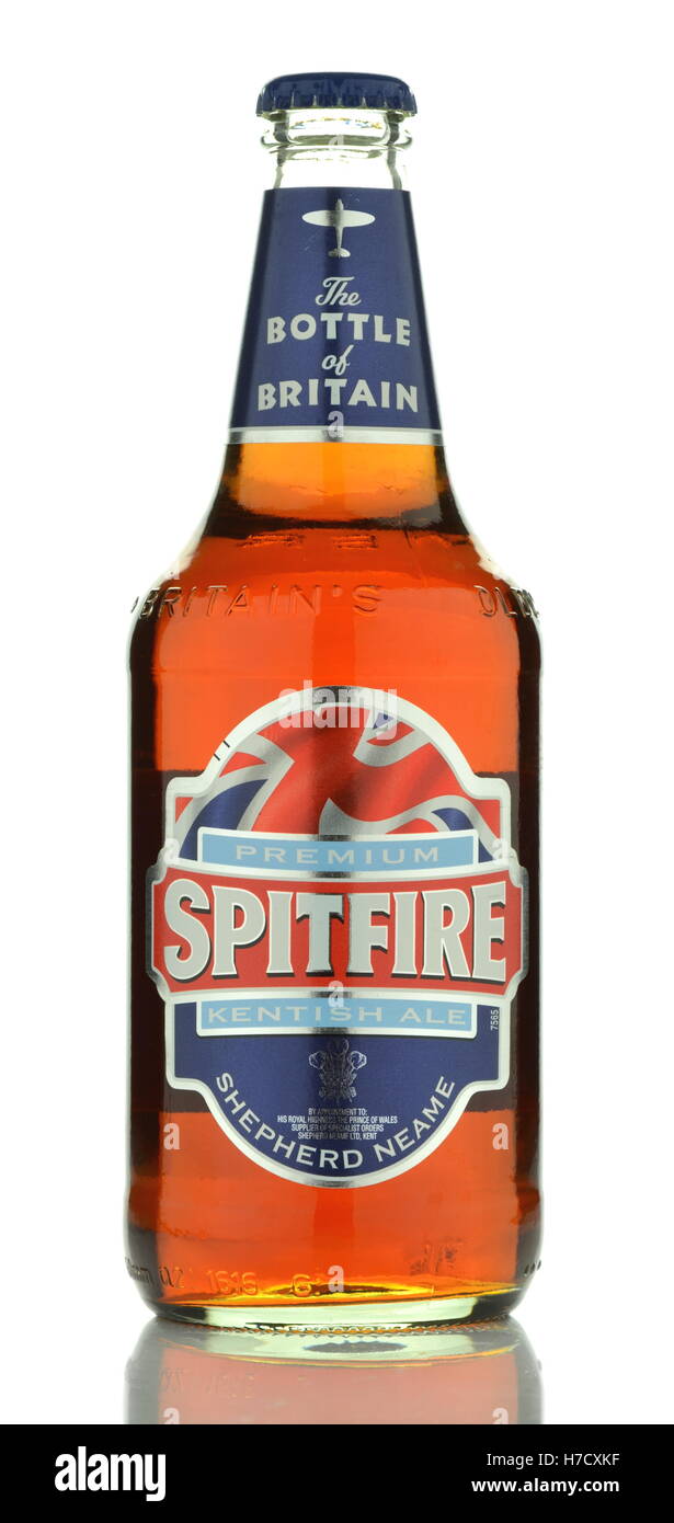 Spitfire beer isolated on white background. It is brewed in Shepherd ...