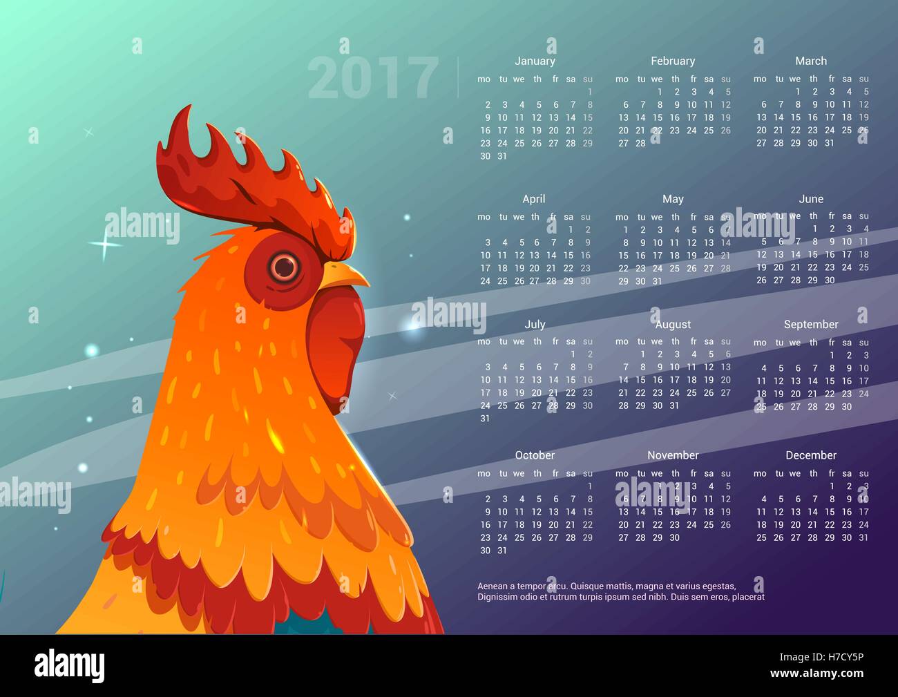Calendar with a bright cock. Calendar 2017 with a rooster. Calendar ...