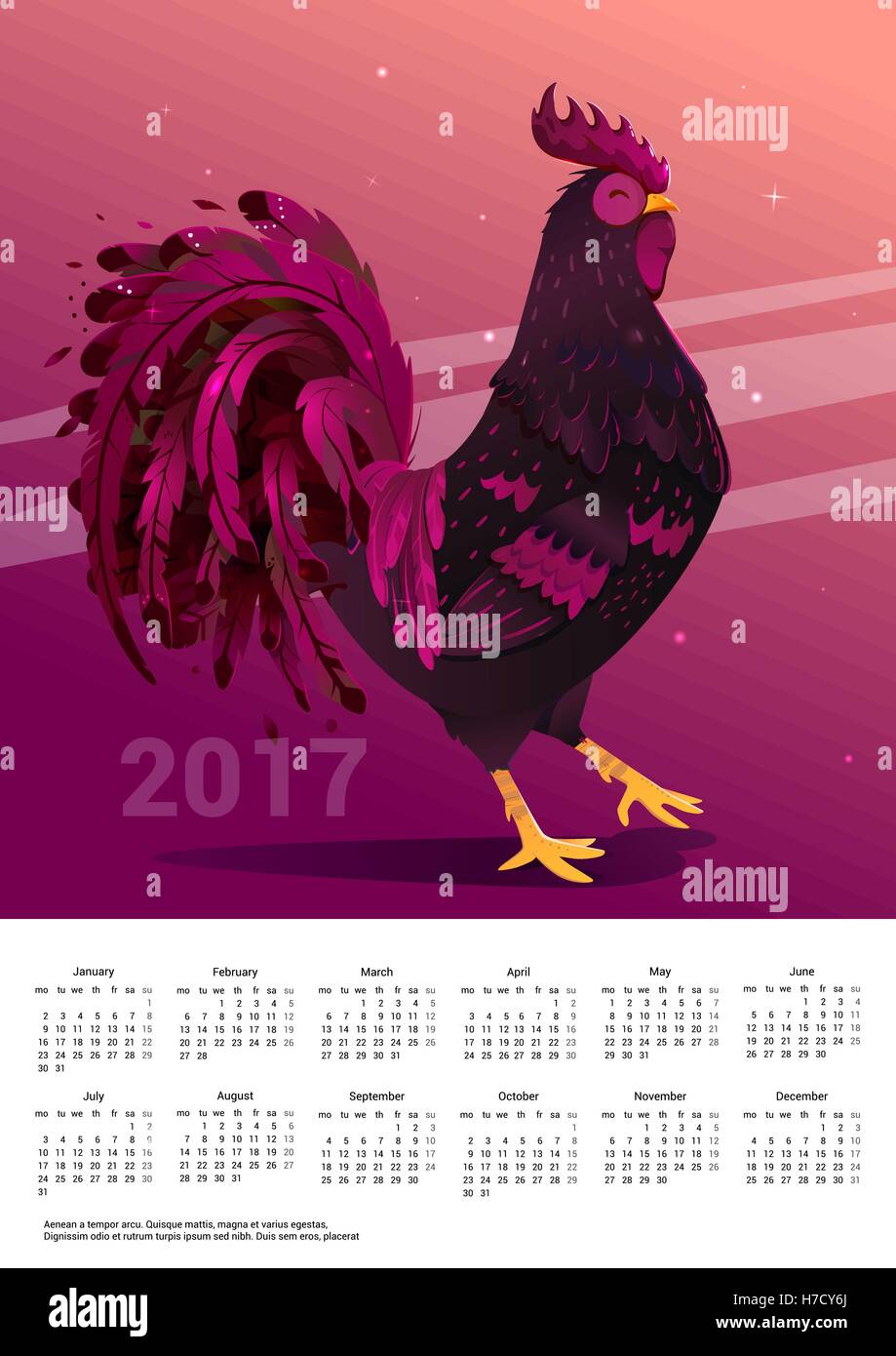 Calendar for 2017 with space cock. Week starts on Monday. Rooster in ...