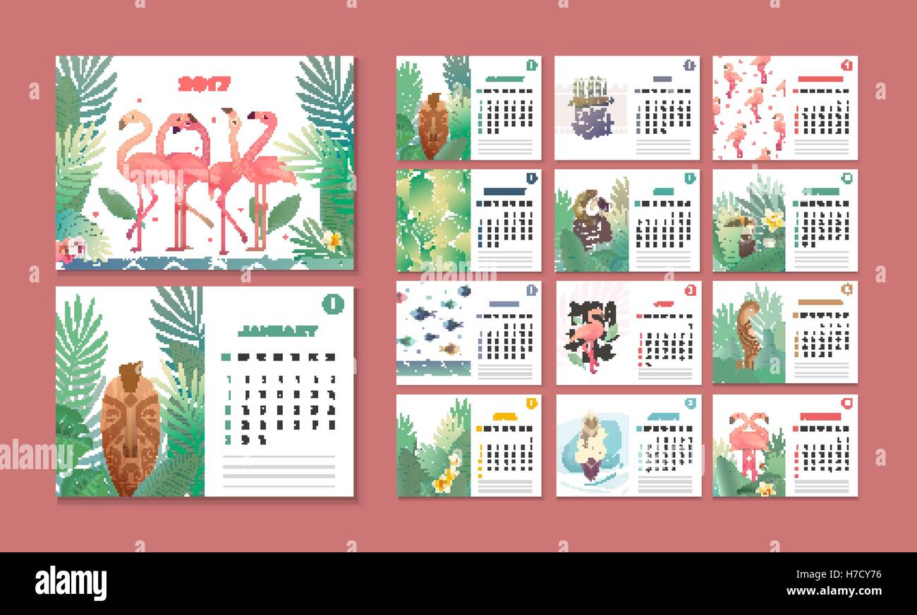 Calendar with the tropics. Calendar flamingo in 2017. Week starts on ...