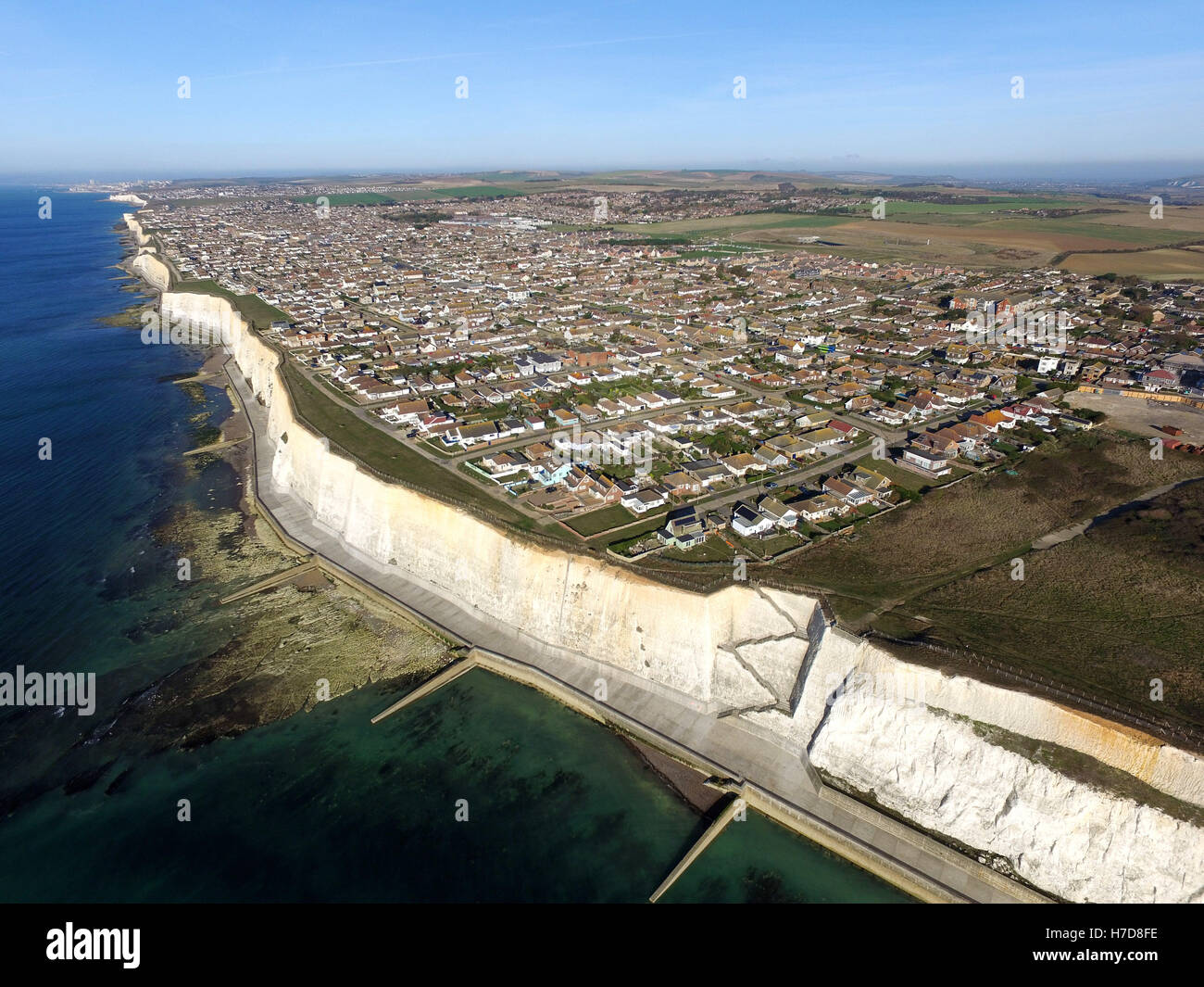 Aerial view of Peacehaven, East Sussex, a small seaside town perched on ...