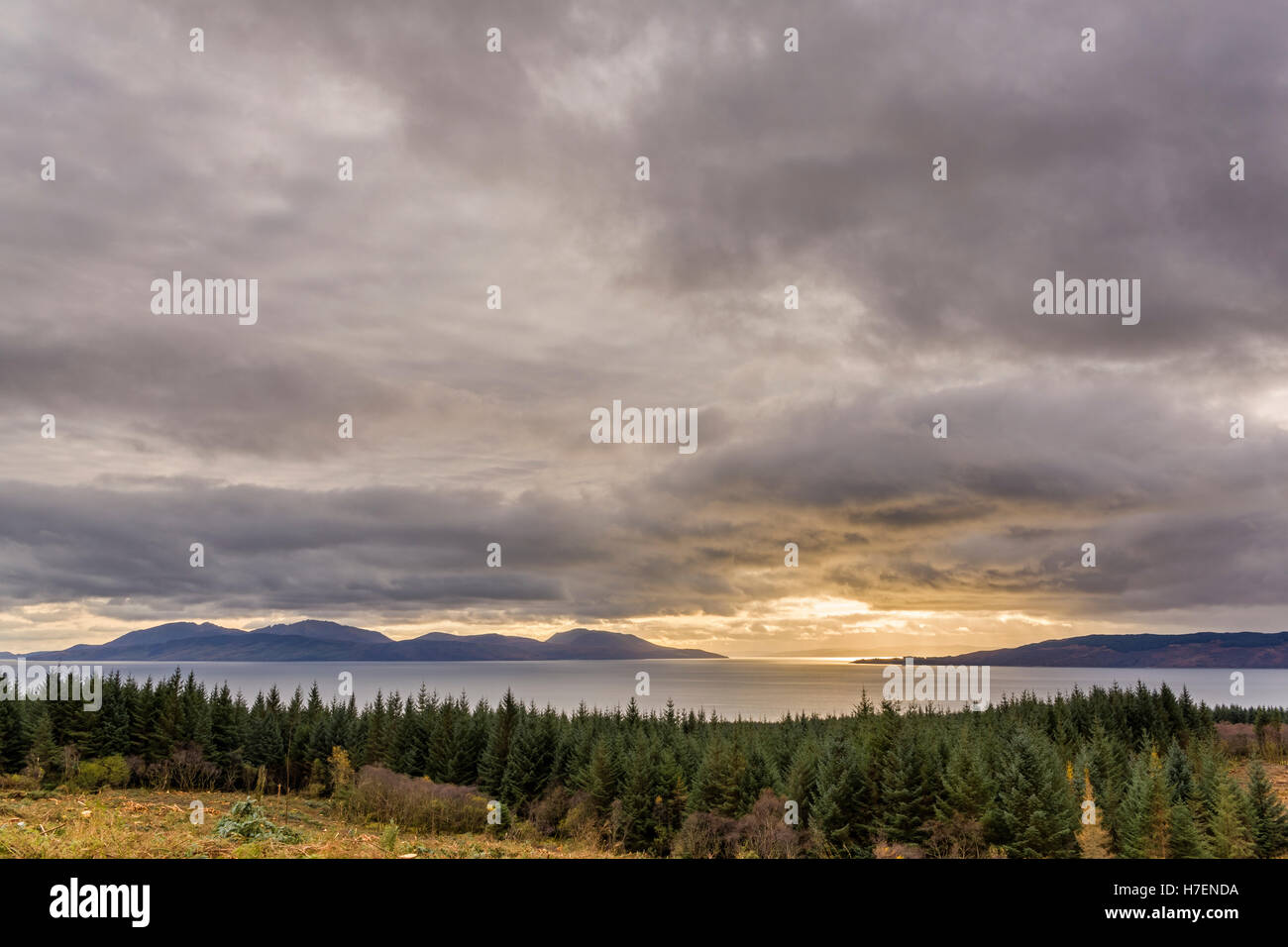Beautiful scottish landscape scene overlooking the sea and Isle or ...