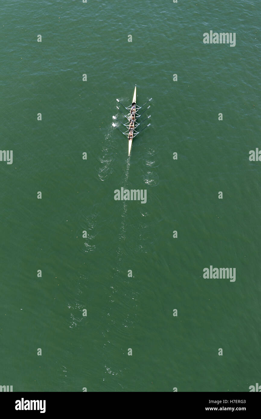 Aerial view of a four woman scull rowing boat on the Douro river in ...