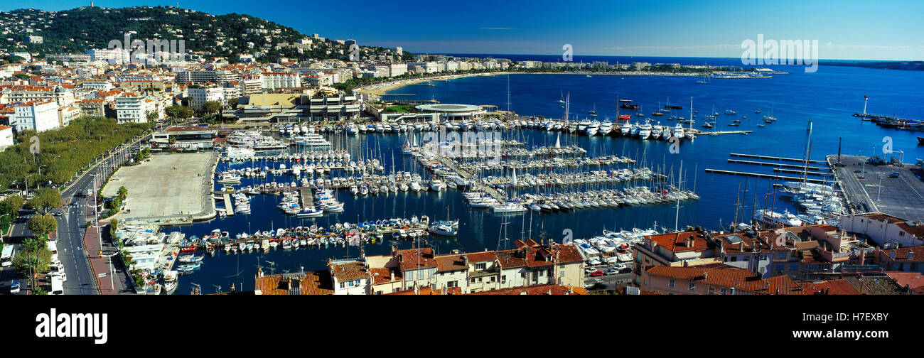 Elevated view of Cannes showing harbour and promenade, Cote d.Azur ...