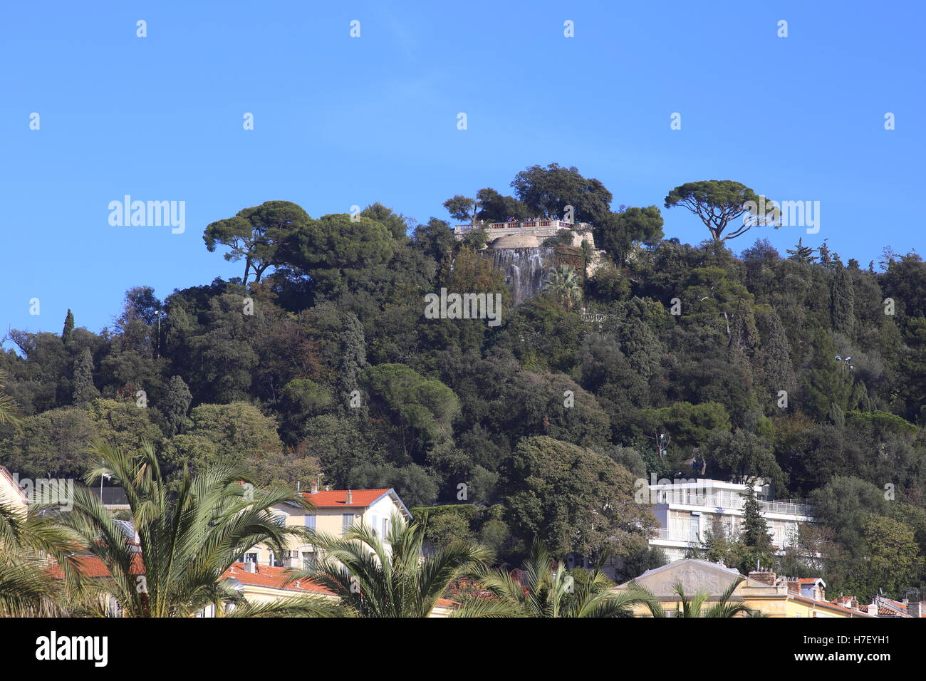 Waterfall at the top of the Parc de la Colline du Chateau, Nice, France ...