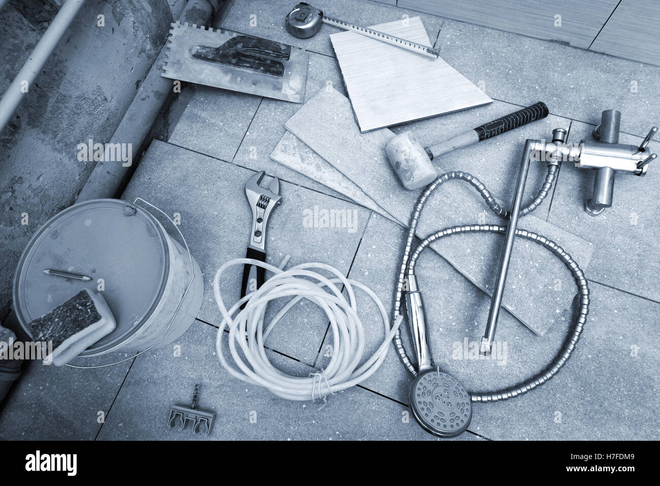 different tools for renovation in the bathroom Stock Photo - Alamy