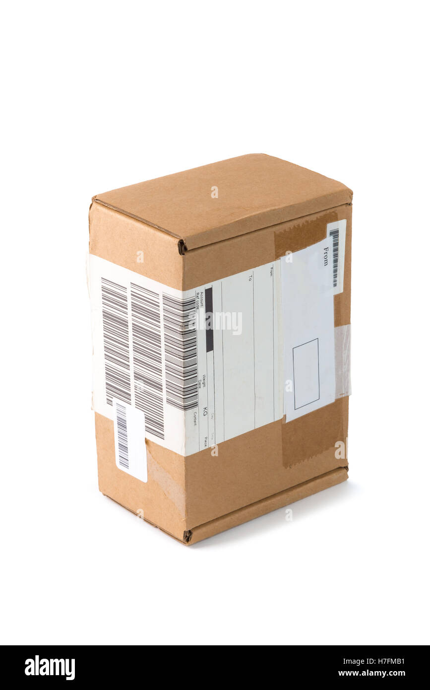 Corrugated cardboard box package with barcode isolated on white ...