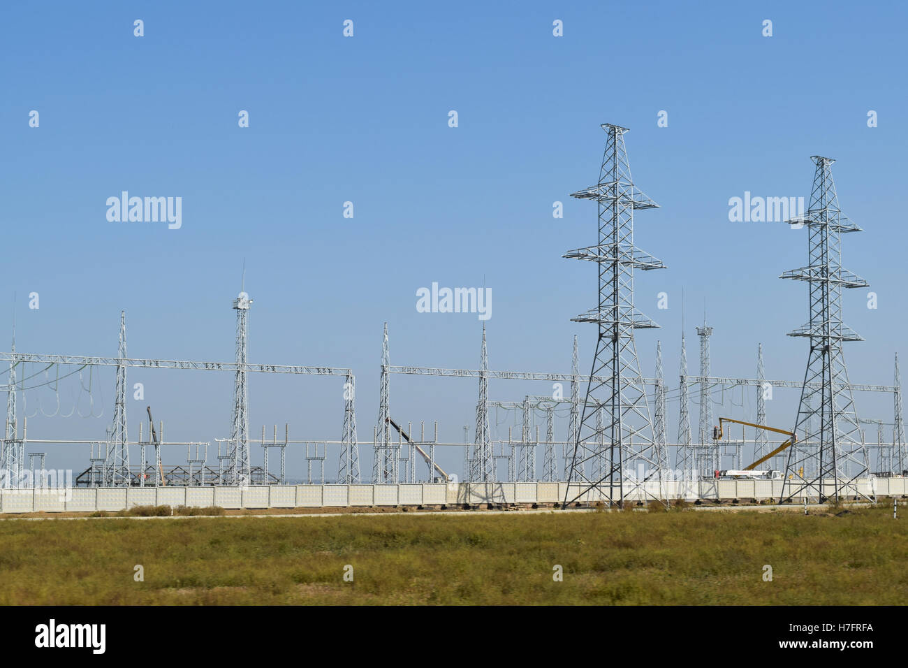 Power line support, insulators and wires. Appearance of a design ...