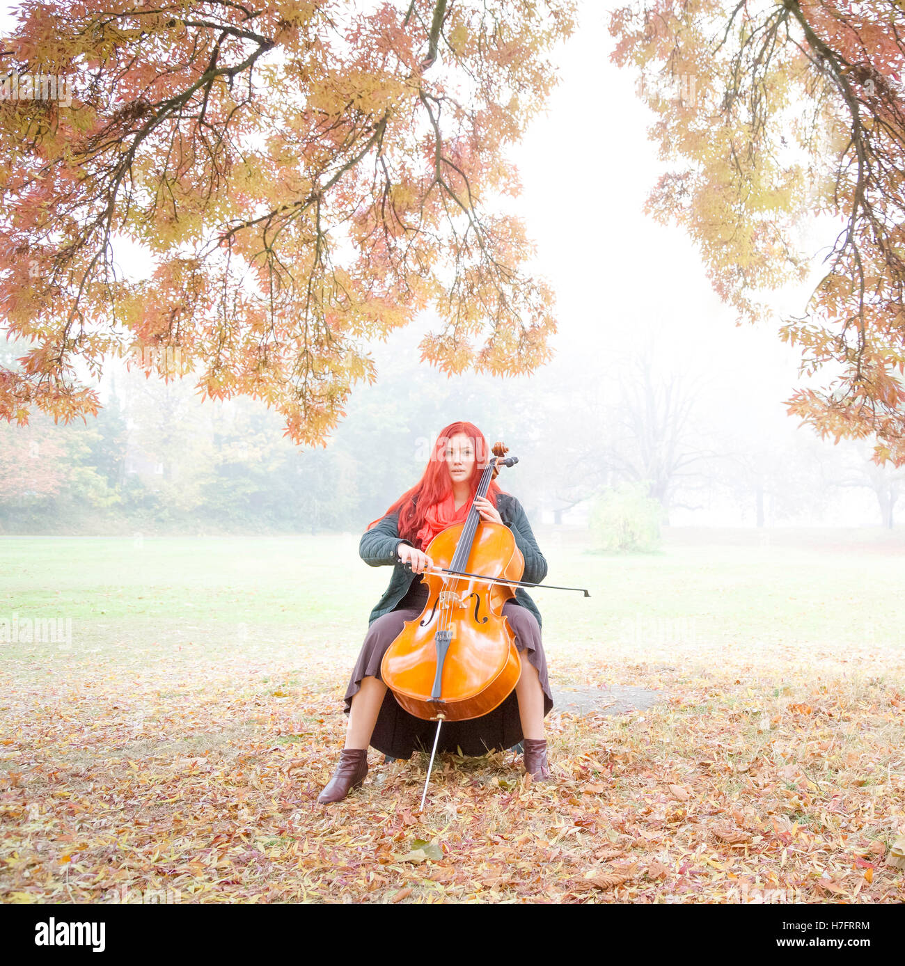 Portrait of a redheaded women posing with a cello under Autumn trees ...