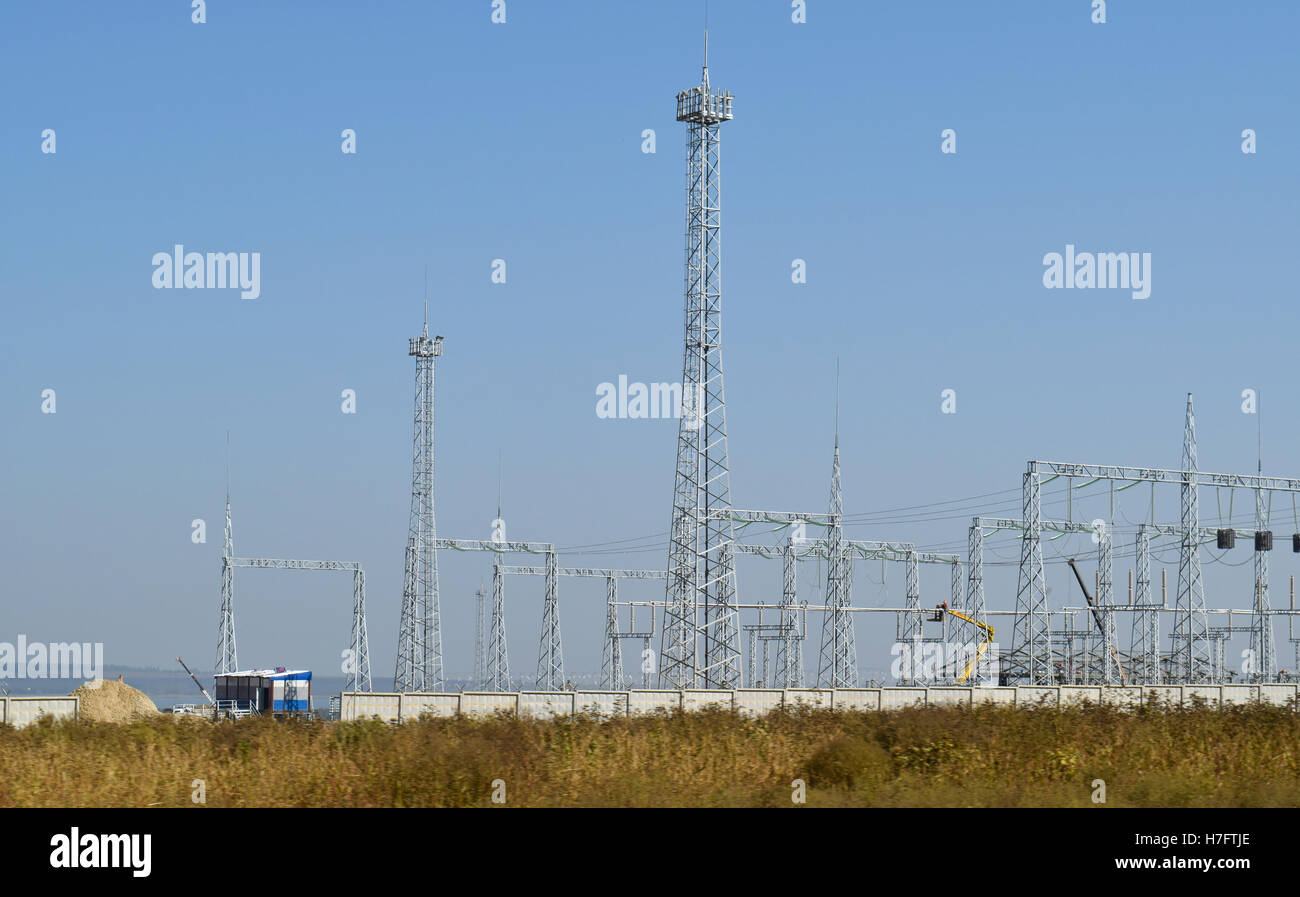 Power line support, insulators and wires. Appearance of a design ...