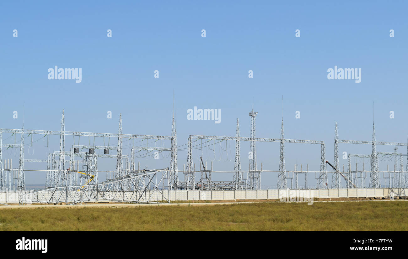 Power line support, insulators and wires. Appearance of a design ...