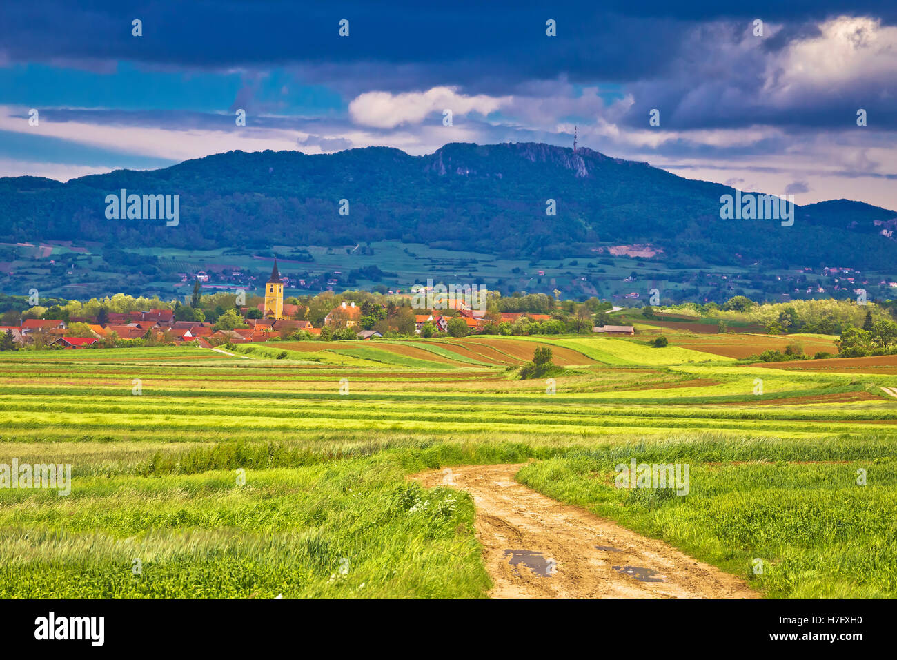 Village of Miholec church tower and Kalnik mountain view, Prigorje ...