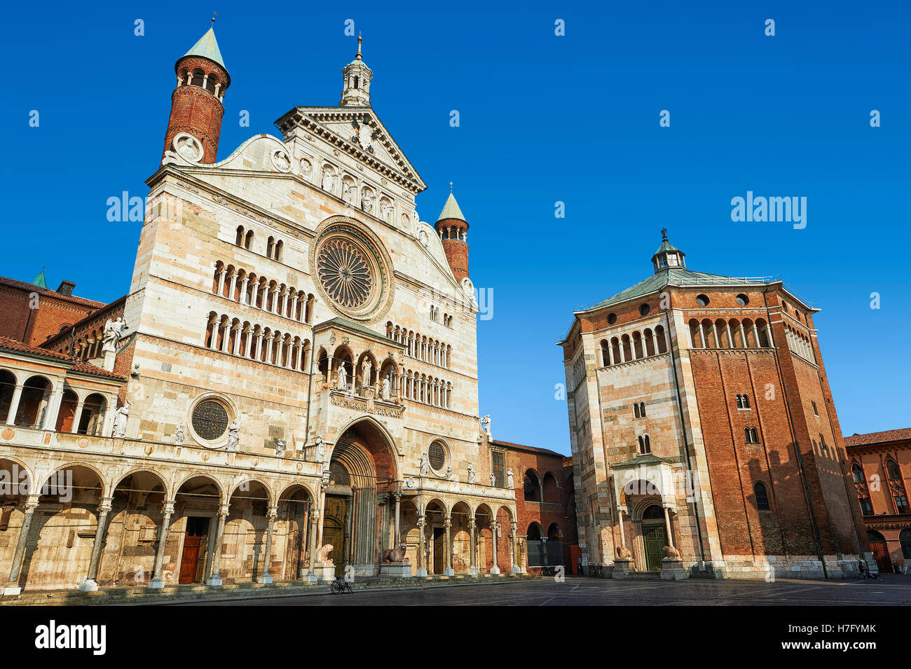 Romanesque facade and Baptistry of the Romanesque Cathedral of Cremona ...
