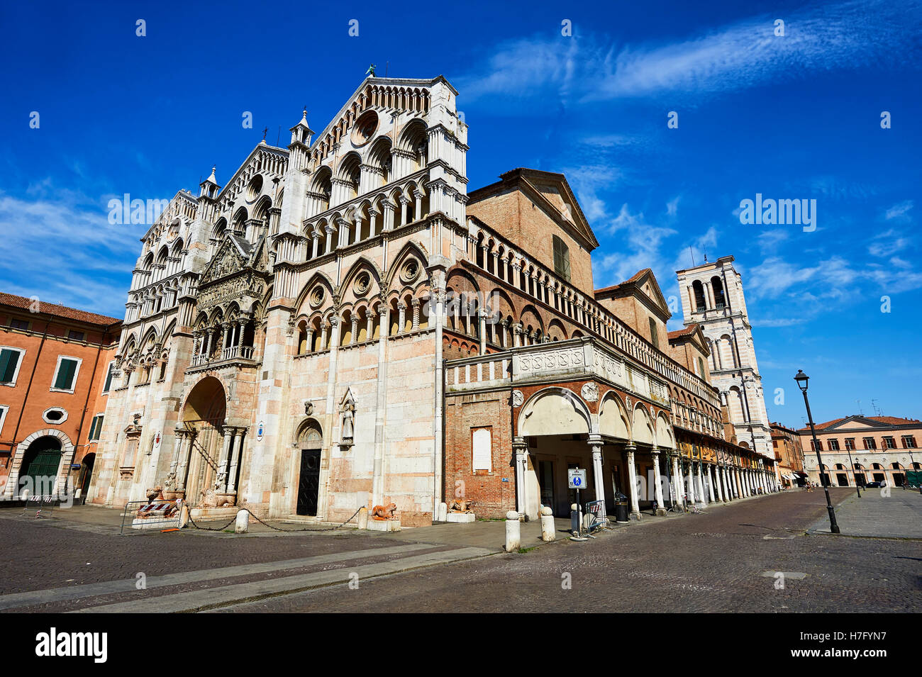 Facade of the 12th century Romanesque Ferrara Duomo, Italy Stock Photo ...