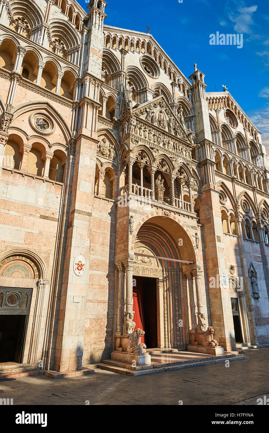 Facade of the 12th century Romanesque Ferrara Duomo, Italy Stock Photo ...