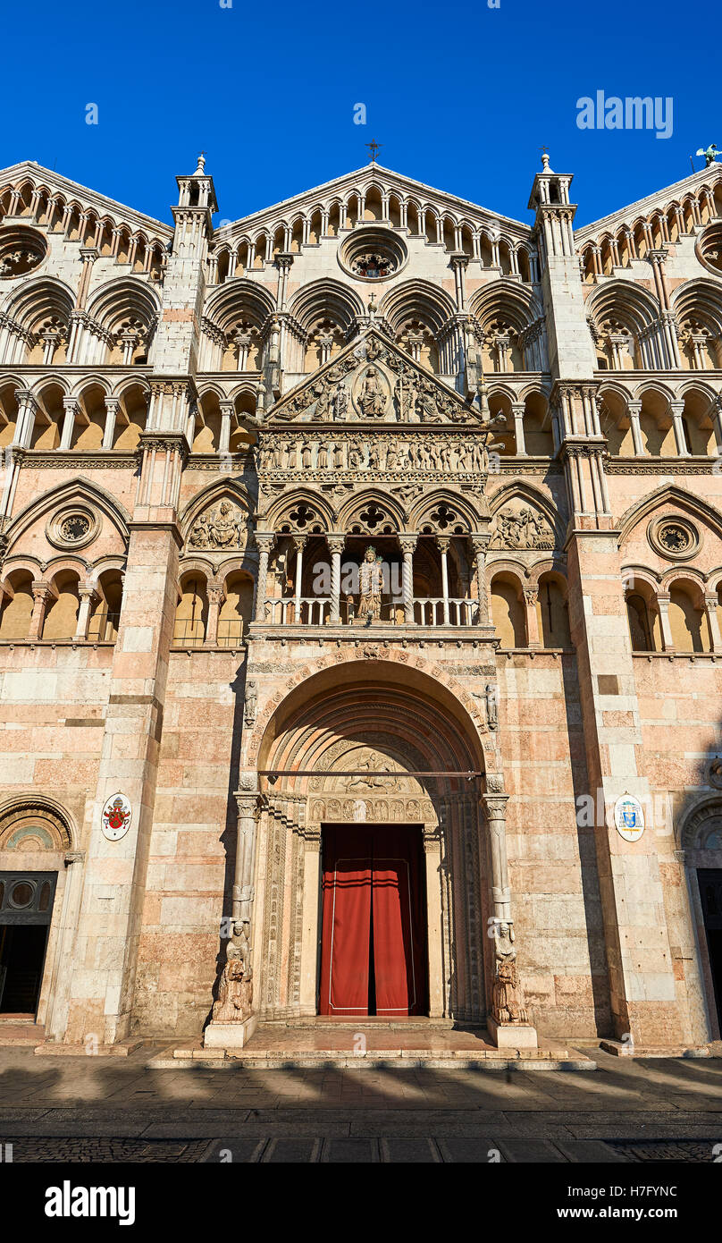 Facade of the 12th century Romanesque Ferrara Duomo, Italy Stock Photo ...