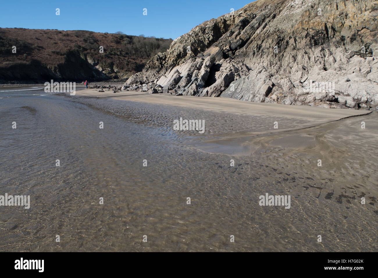 View across the clean beach in Pembrokshire with a rocky shoreline ...