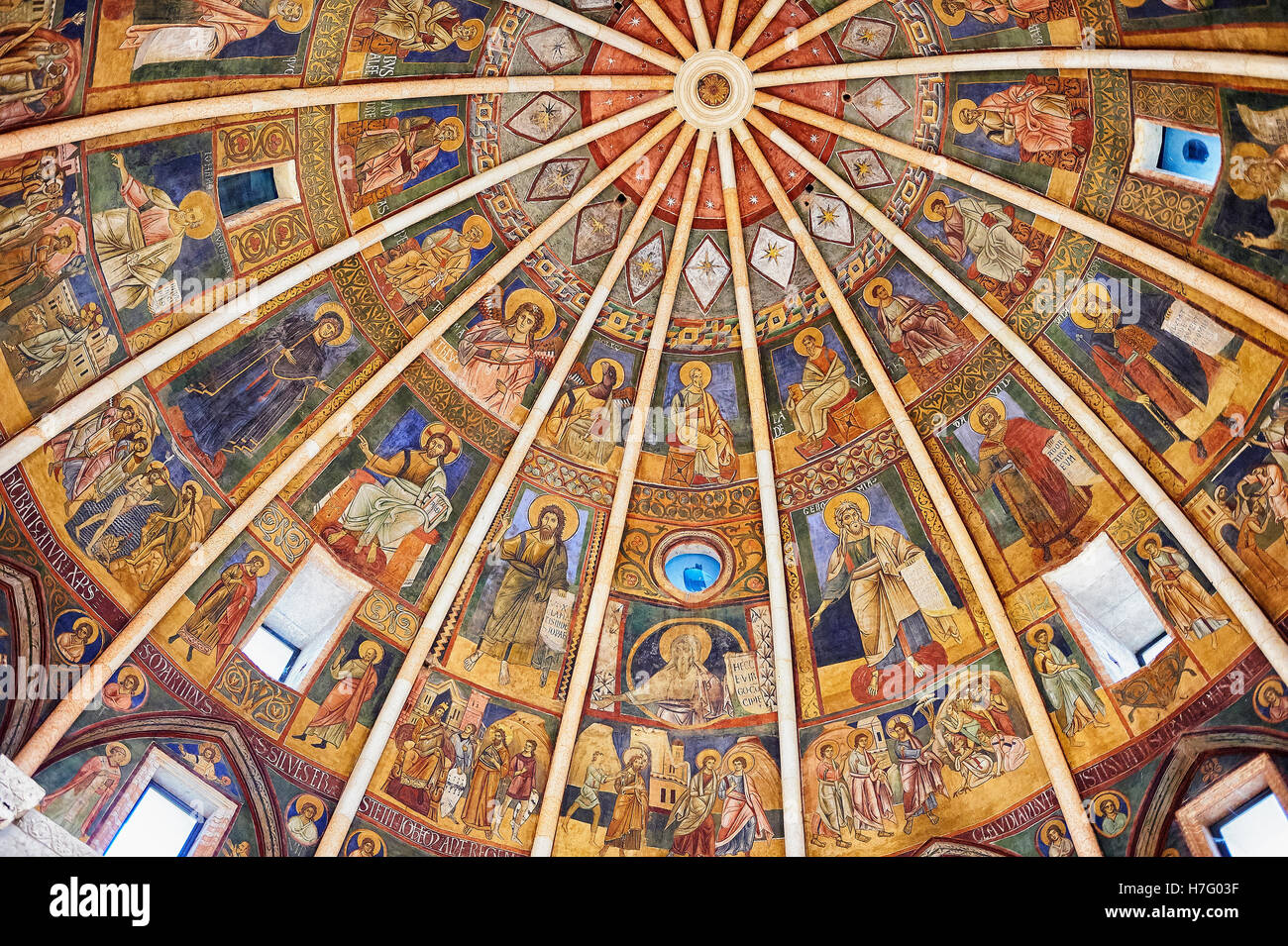Romanesque frescoes inside the dome of the Romanesque Baptistery of ...