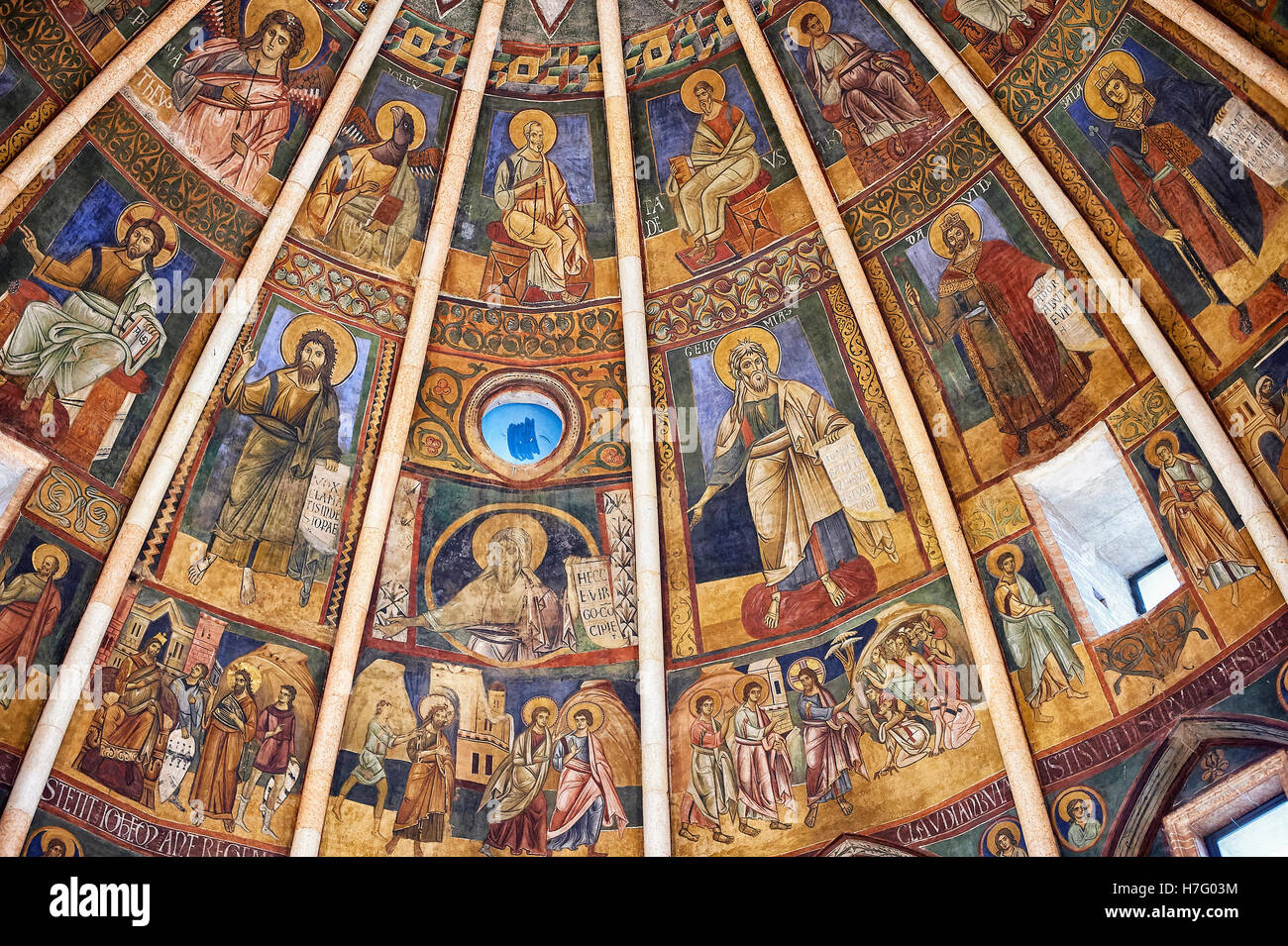 Romanesque frescoes inside the dome of the Romanesque Baptistery of ...