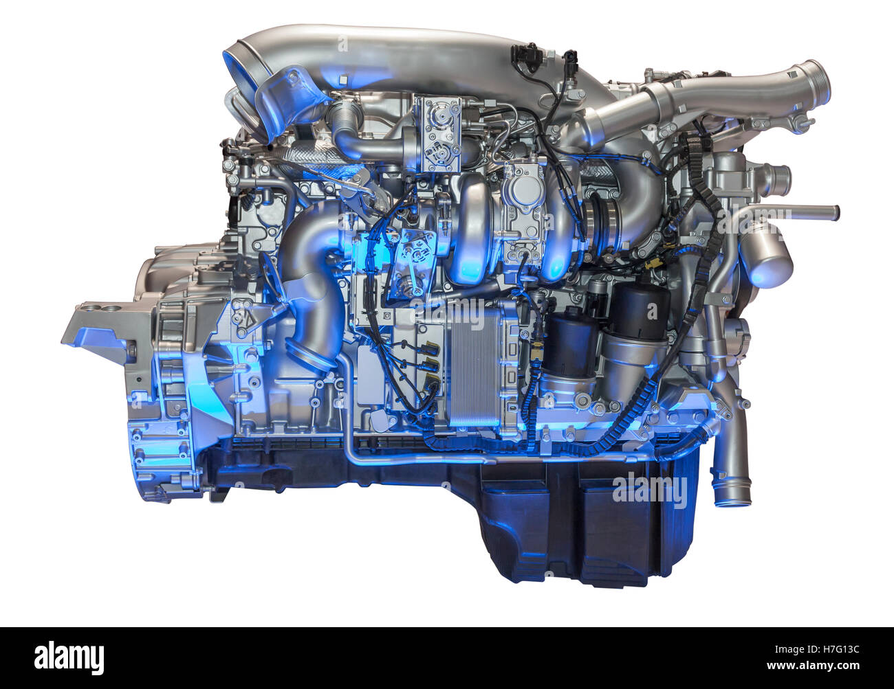 Modern six cylinder heavy duty turbo diesel engine isolated on white ...