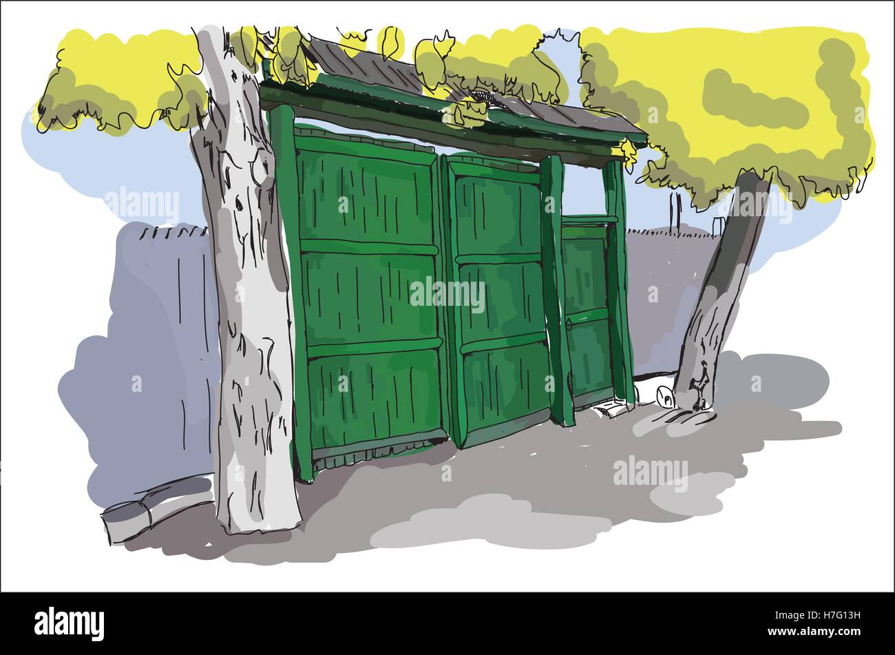 Digital vector abstract hand drawn green wooden village gate with trees ...
