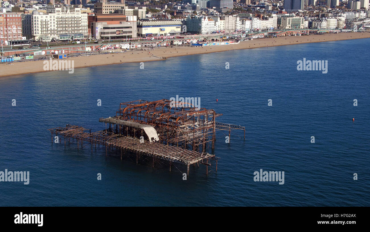An aerial photograph of the old West Pier in Brighton, Sussex. Picture ...