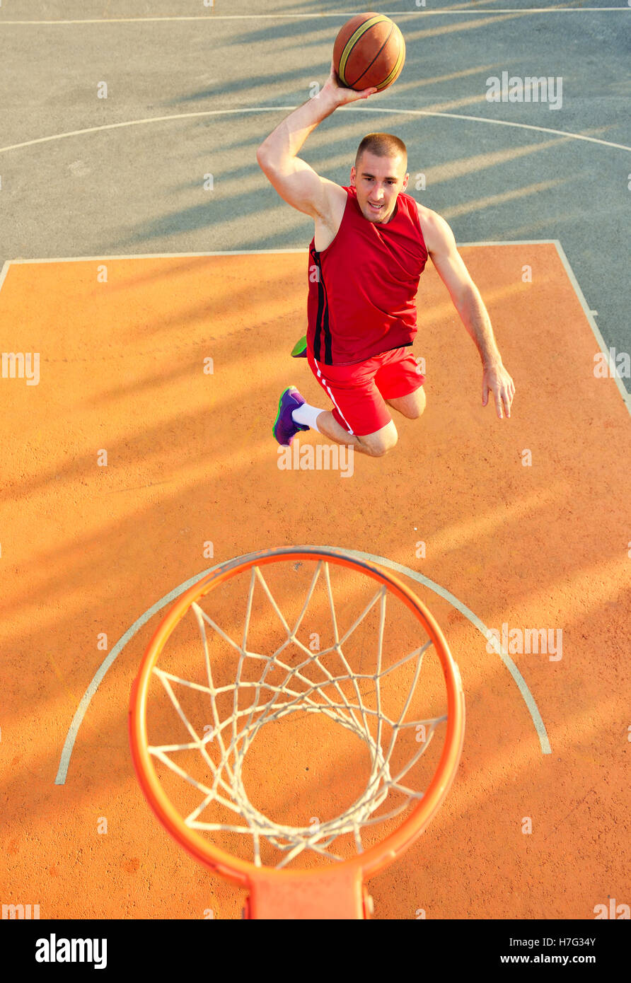 View of flying ball to basket from top. Face gesture Stock Photo - Alamy