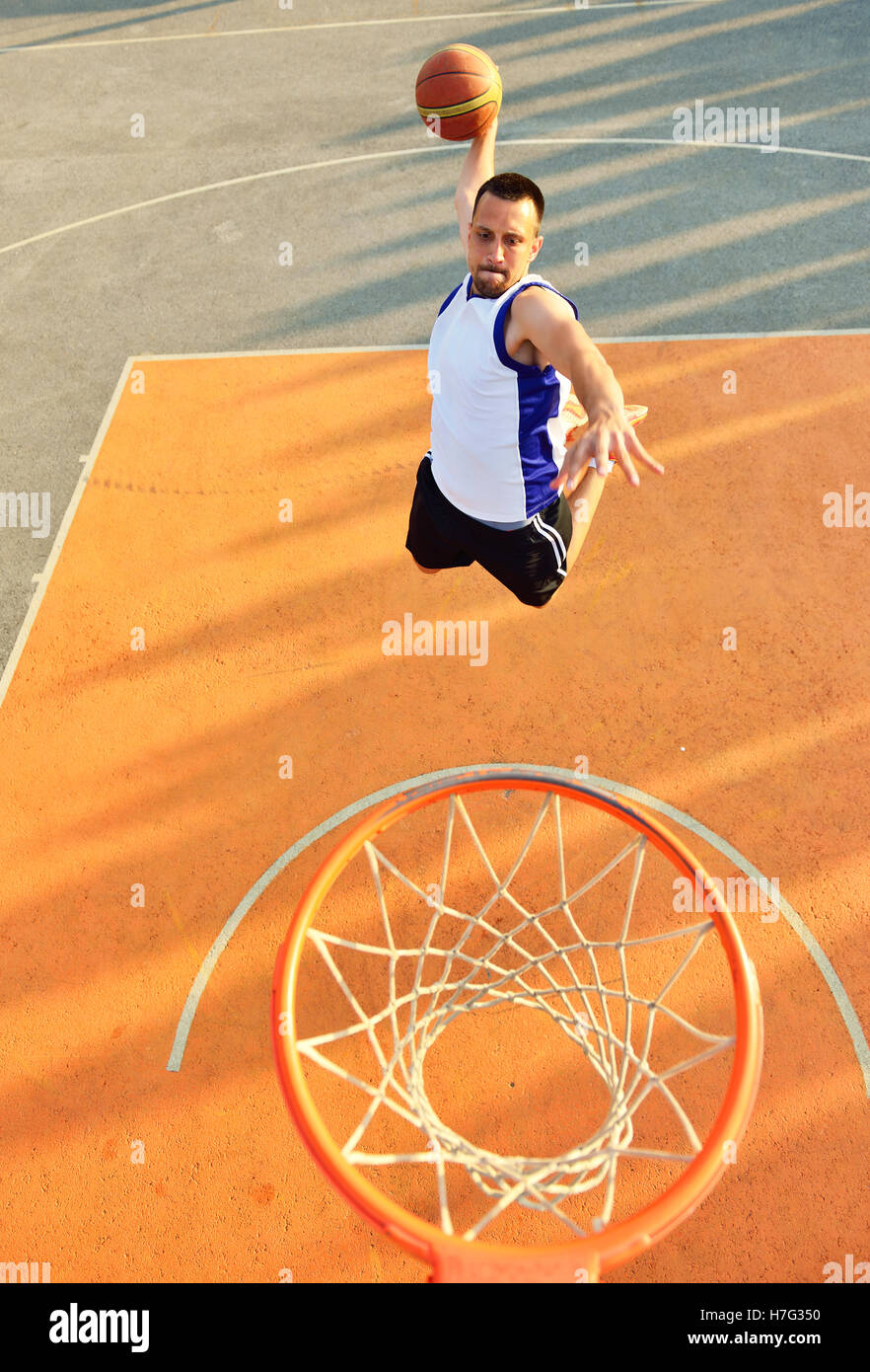 View of flying ball to basket from top. Face gesture Stock Photo - Alamy
