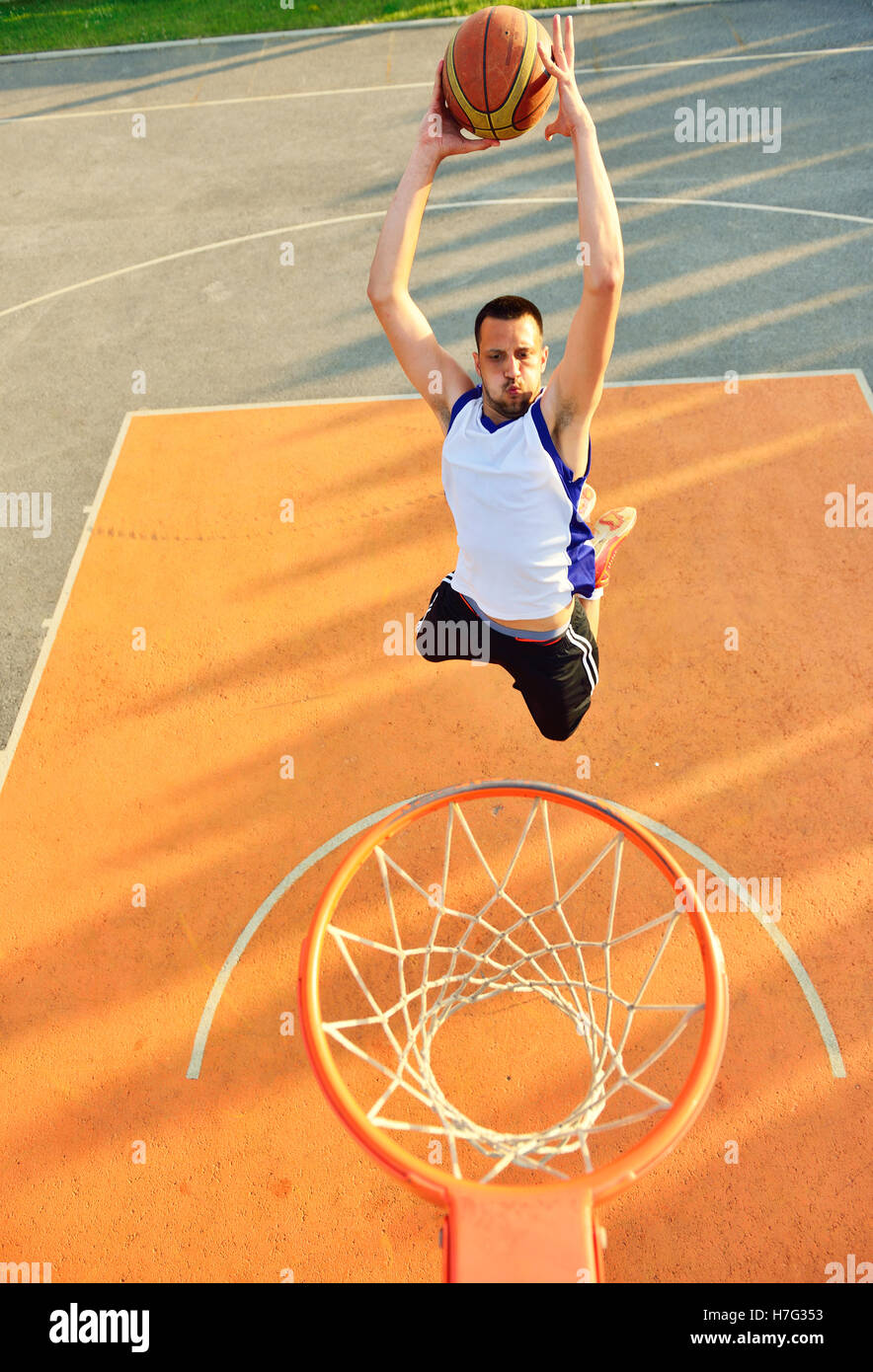 View of flying ball to basket from top. Face gesture Stock Photo - Alamy