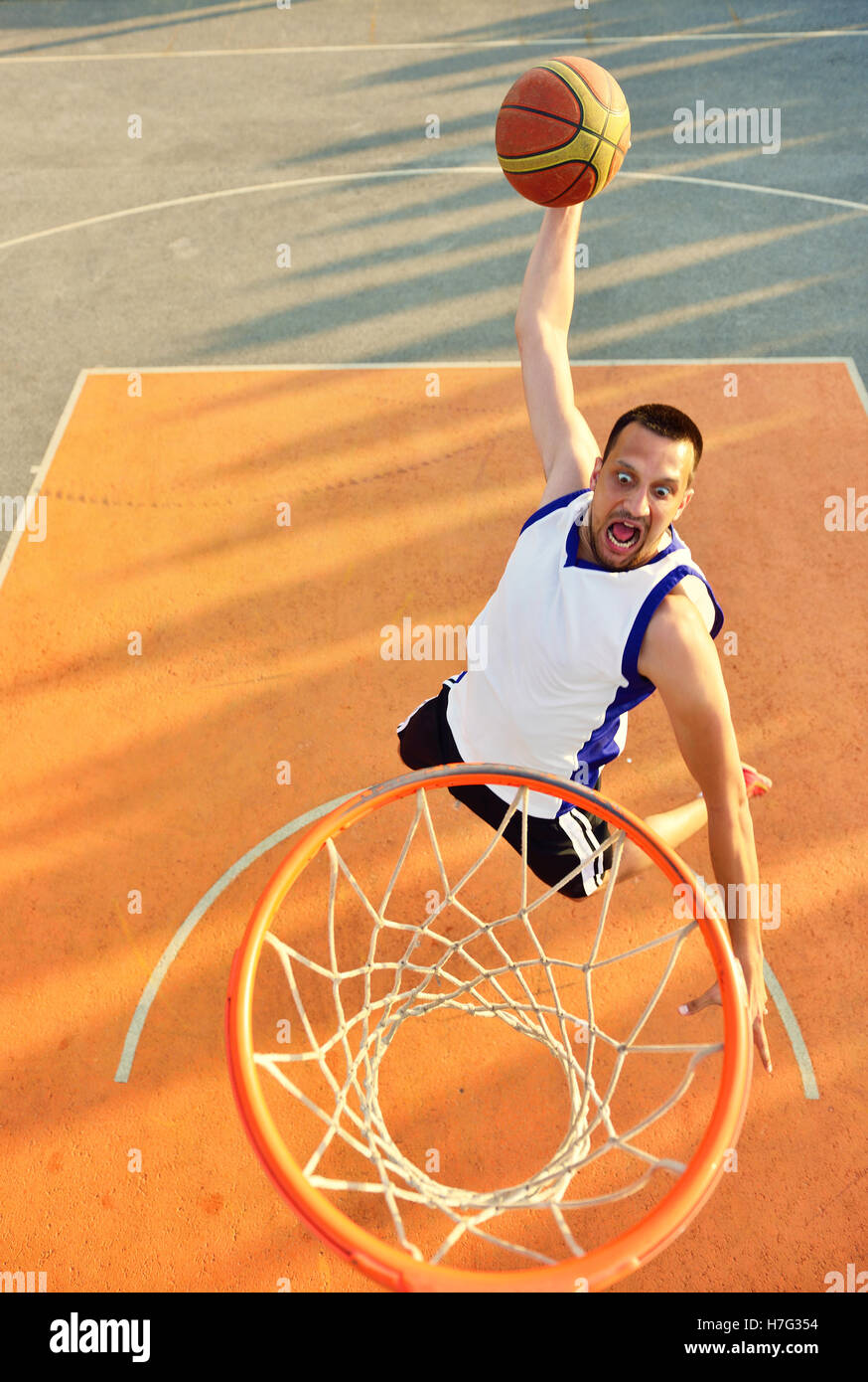 View of flying ball to basket from top. Face gesture Stock Photo - Alamy