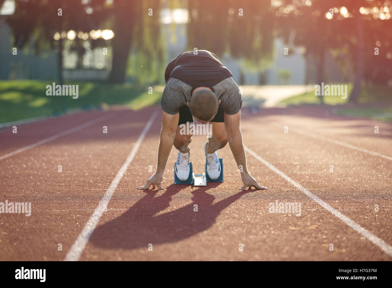 Track runner in starting position on sunny morning Stock Photo - Alamy