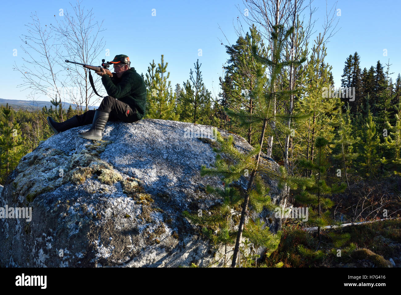 Moose hunter sitting on a big stone aiming with a rifle, picture from ...