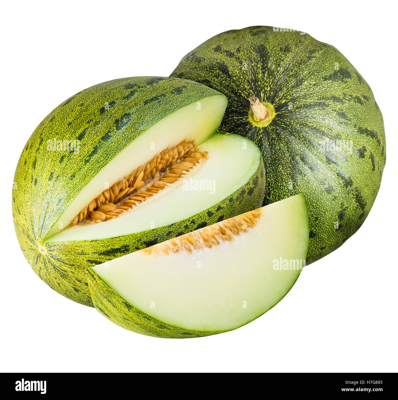 Group of green melons isolated on white background with clipping path ...
