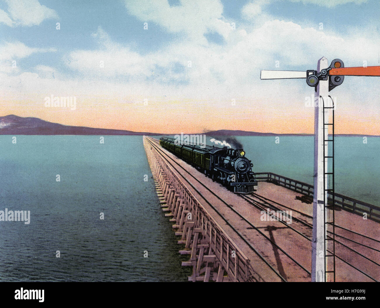The Lucin cut-off, across Great Salt lake, USA illustration Stock Photo ...