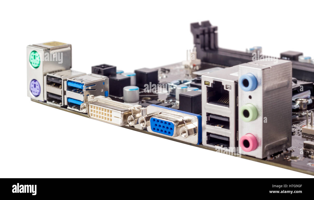 Connector of computer motherboard, back side computer port isolated on white background Stock ...