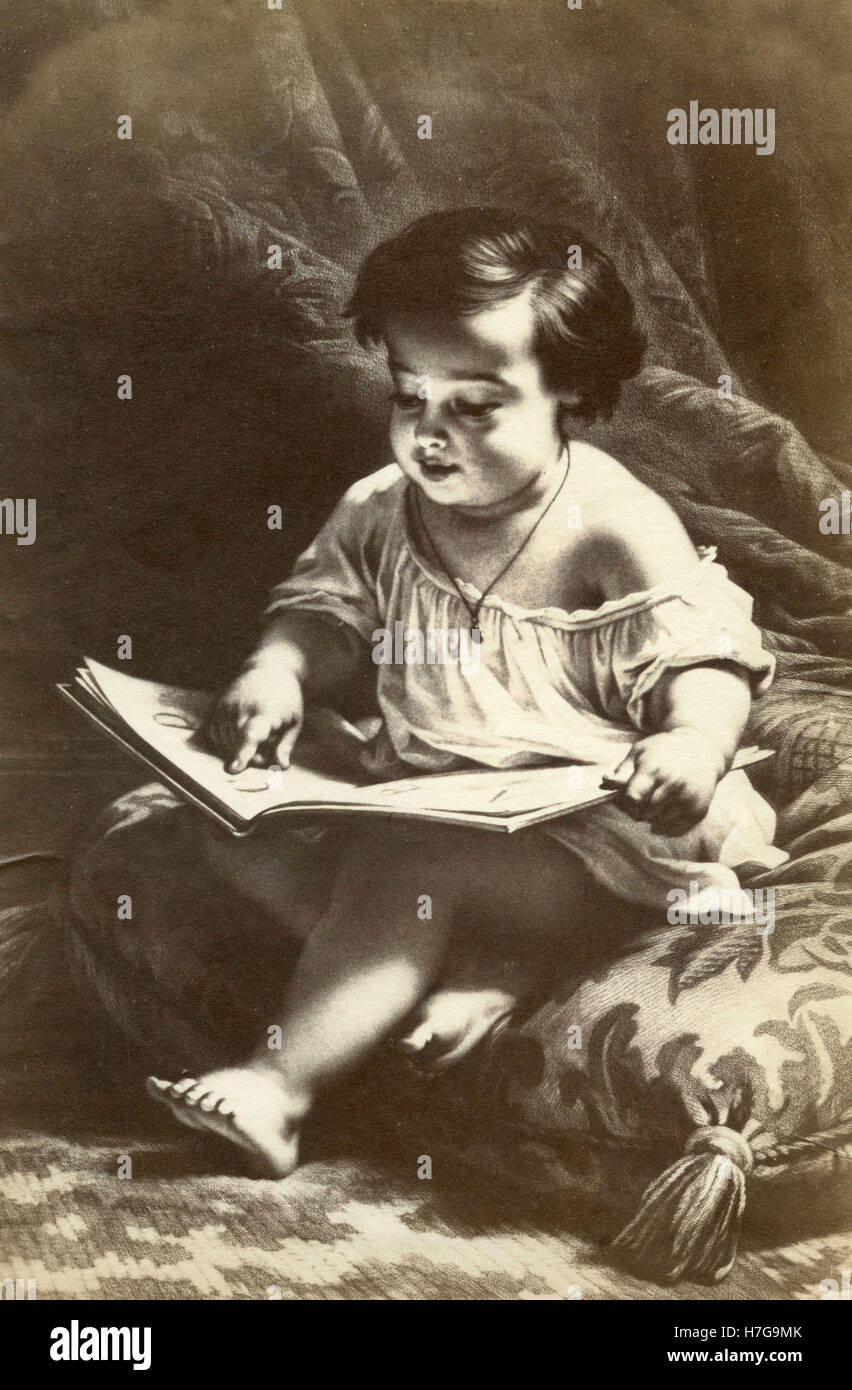 Child reading a book, painting Stock Photo - Alamy