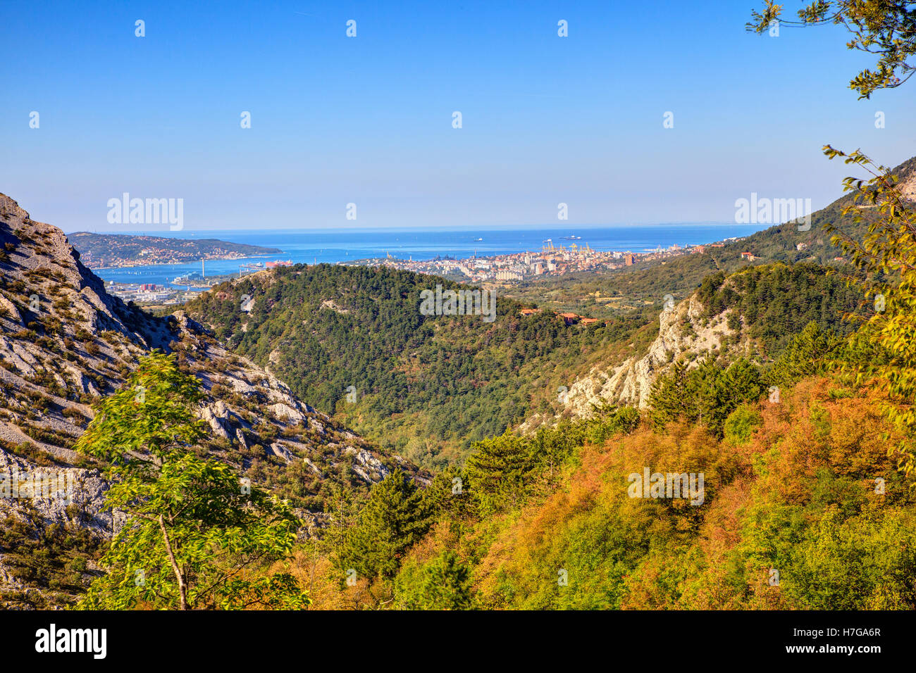 View of Val Rosandra and Trieste from Stena mountain Stock Photo - Alamy