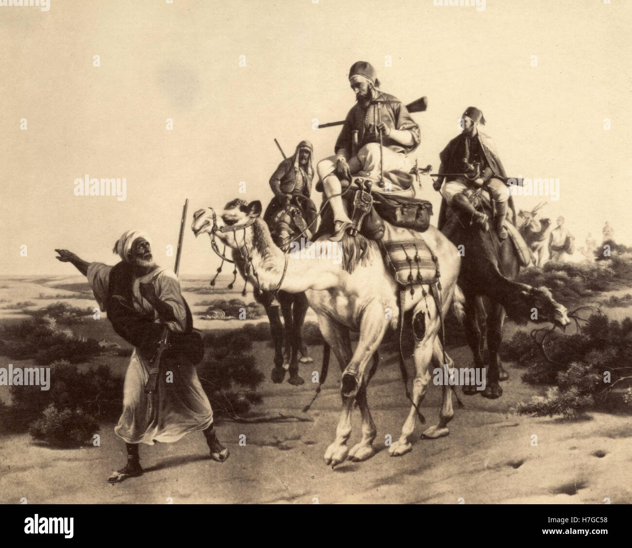 Arabs riding camels in the desert, Victorian Age print Stock Photo - Alamy